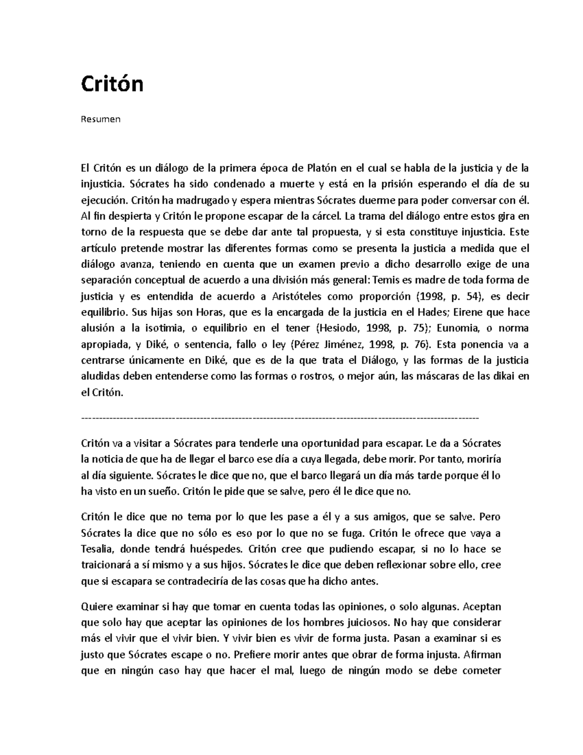 Critón - Critón Resumen El Critón es un diálogo de la primera época de ...