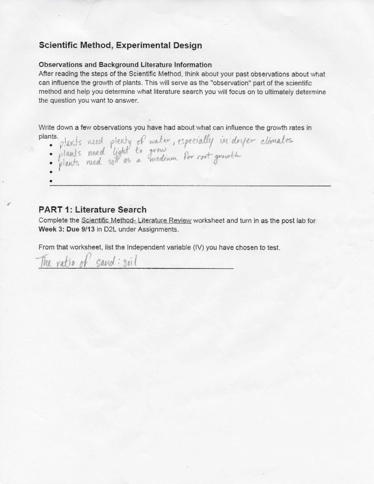 Bio 111 Post-Lab Exp. Design - page 1 - BIO 111 - Studocu
