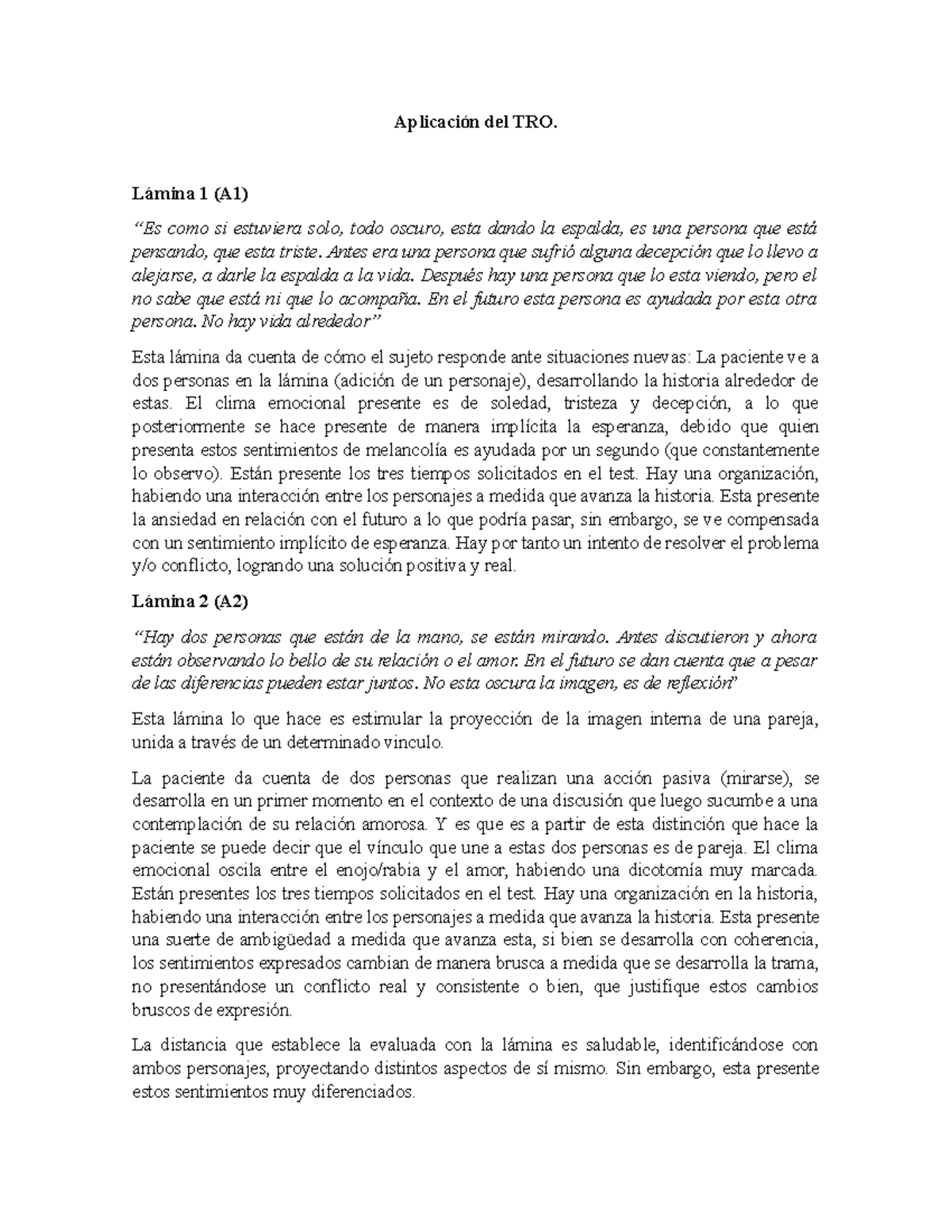 Aplicación del TRO - Test psicológico: Test de Relaciones objetales ...