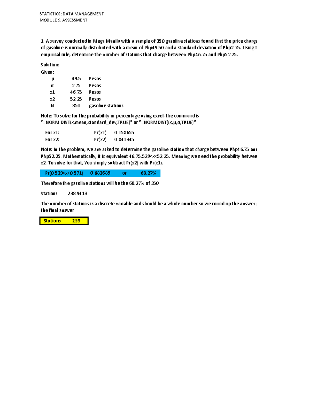 Module 9 Statistics DATA Management Problem Answers - MODULE 9 ...