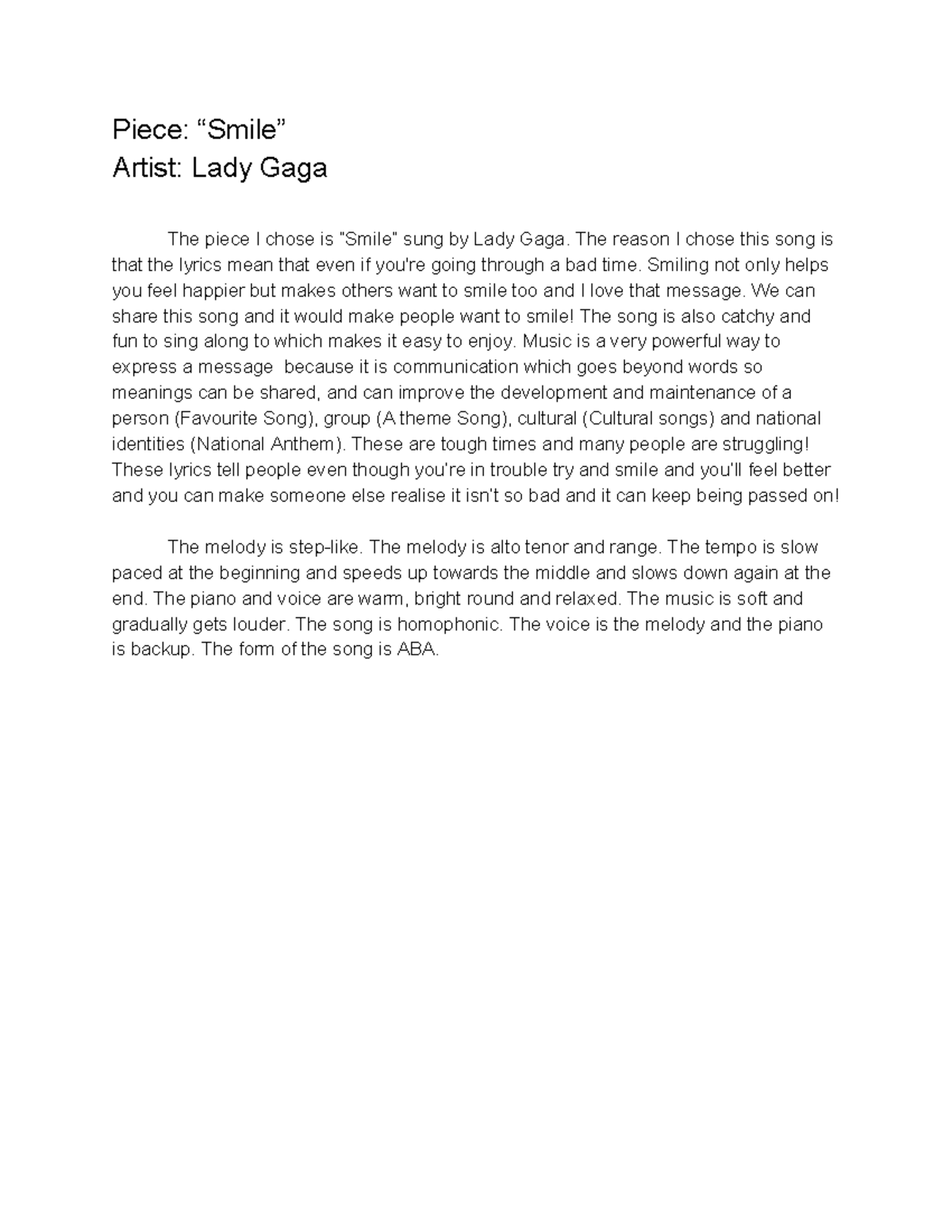 Music Reflection Paper - Piece: “Smile” Artist: Lady Gaga The piece I ...