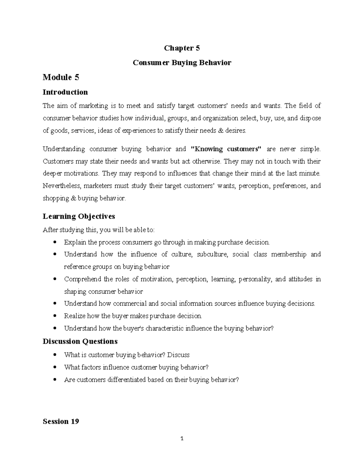Chapter 5 - note - Chapter 5 Consumer Buying Behavior Module 5 ...