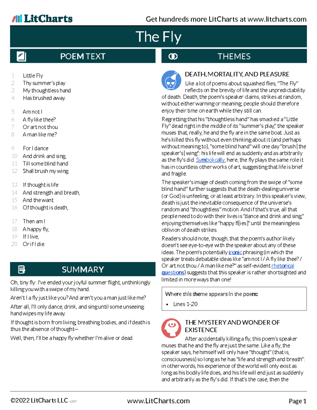 Lit Charts-the-fly - the fly - The Fly Oh, tiny fly: I've ended your ...