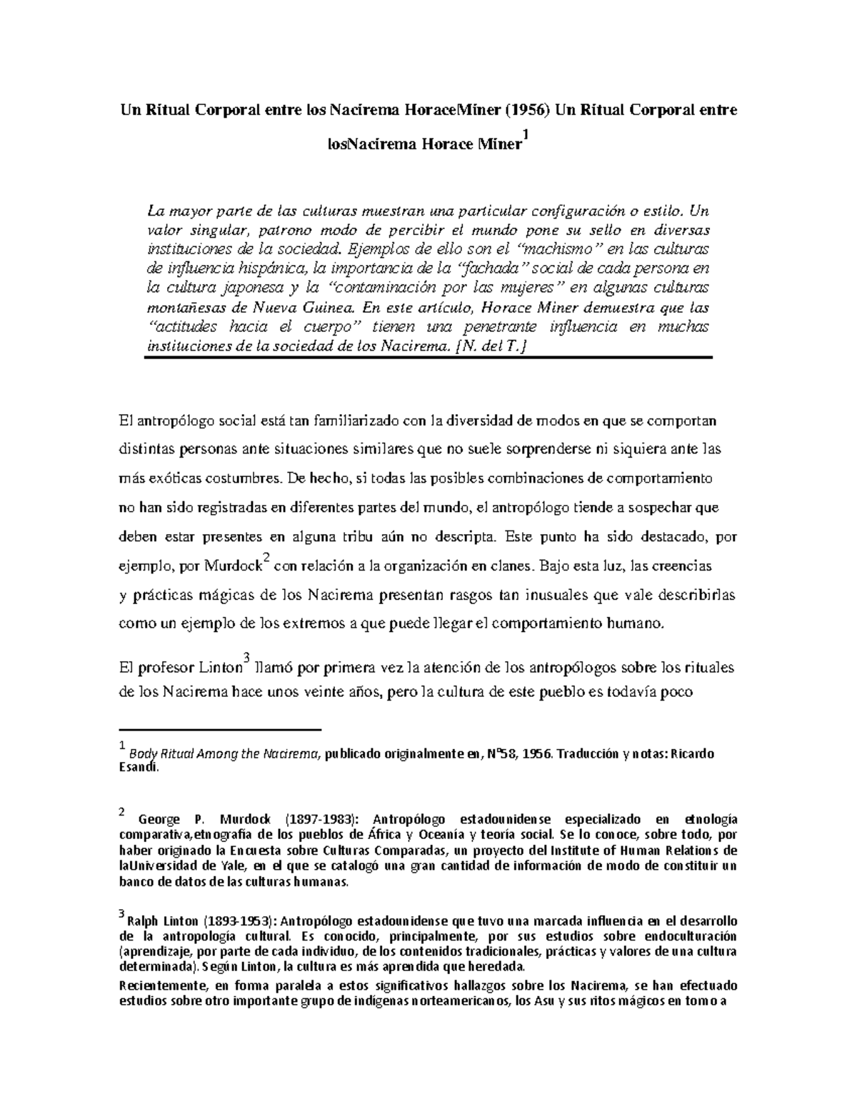 Miner, Horace- Un Ritual Corporal entre los Nacirema - Un Ritual ...