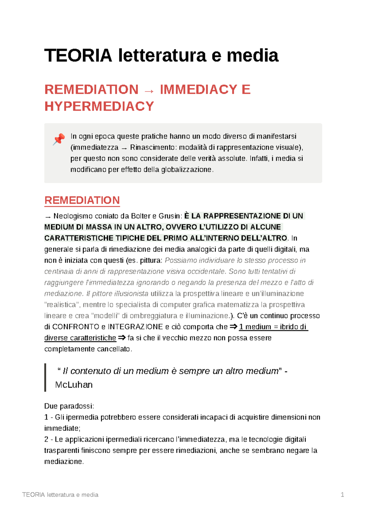 Letteratura e media teoria - TEORIA letteratura e media REMEDIATION → ...