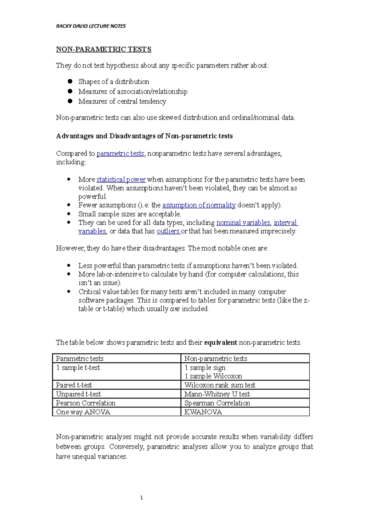 Non Parametric Non Parametric Tests They Do Not Test Hypothesis