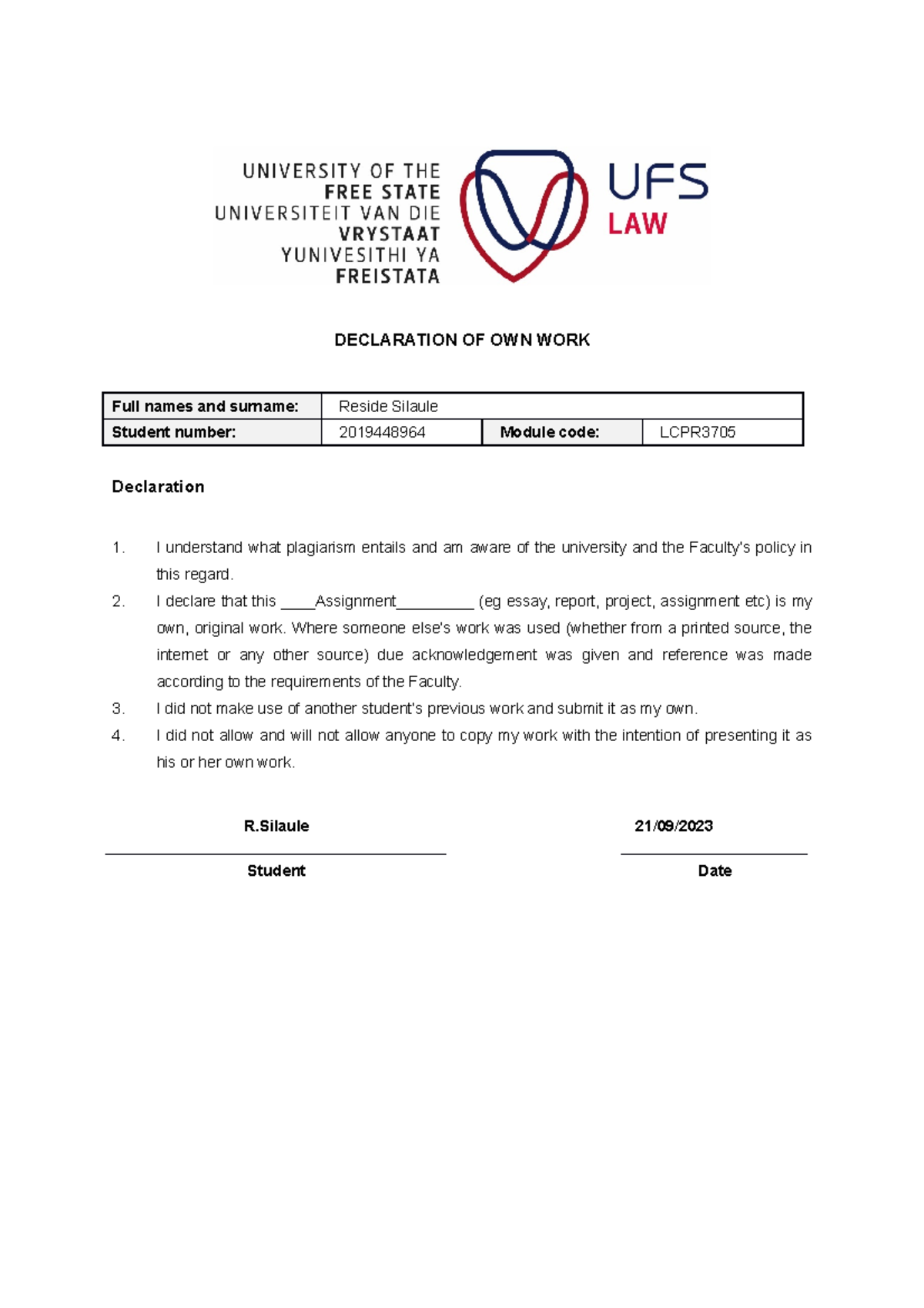 Criminal Law assignment - DECLARATION OF OWN WORK Full names and ...