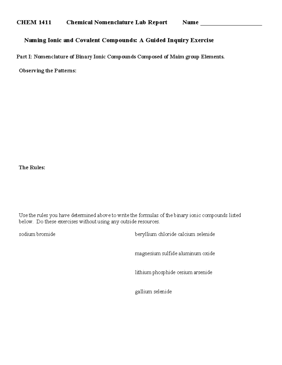 CHEM 1411 Nomenclature Lab Report - CHEM 1411 Chemical Nomenclature Lab ...
