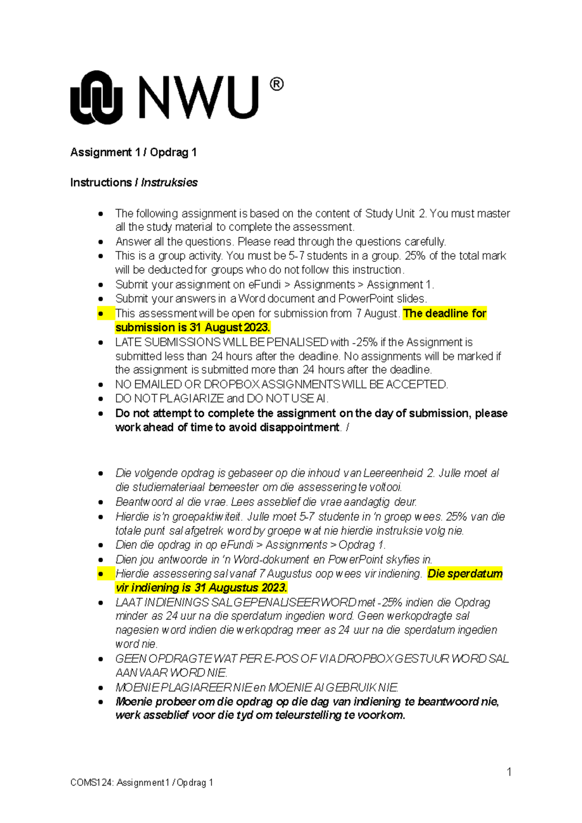 COMS124 - Assignment 1 Opdrag 1 - 2023 - 1 Assignment 1 / Opdrag 1 ...