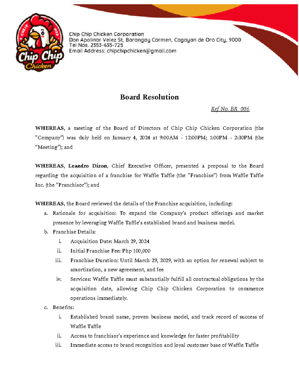 Board Resolution 006 - Board Resolution Ref No. BR_ WHEREAS, a meeting ...
