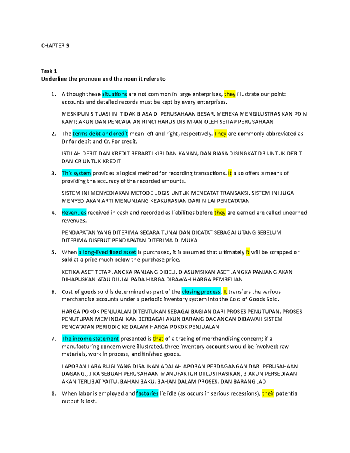 Chapter 9 - latihan ch 9 - CHAPTER 9 Task 1 Underline the pronoun and ...
