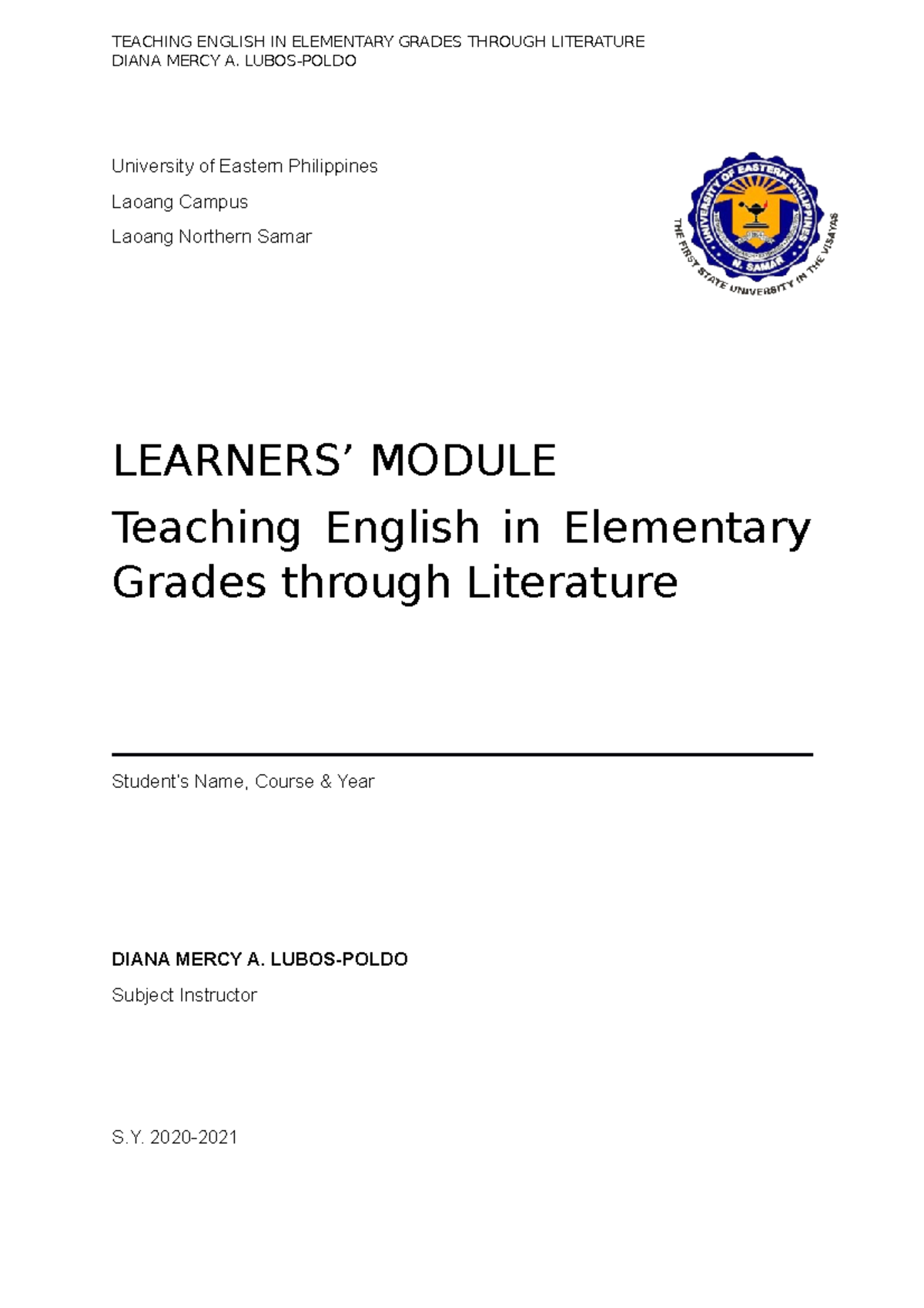 Module 4 Eegtl - English Through Literature. - DIANA MERCY A. LUBOS ...
