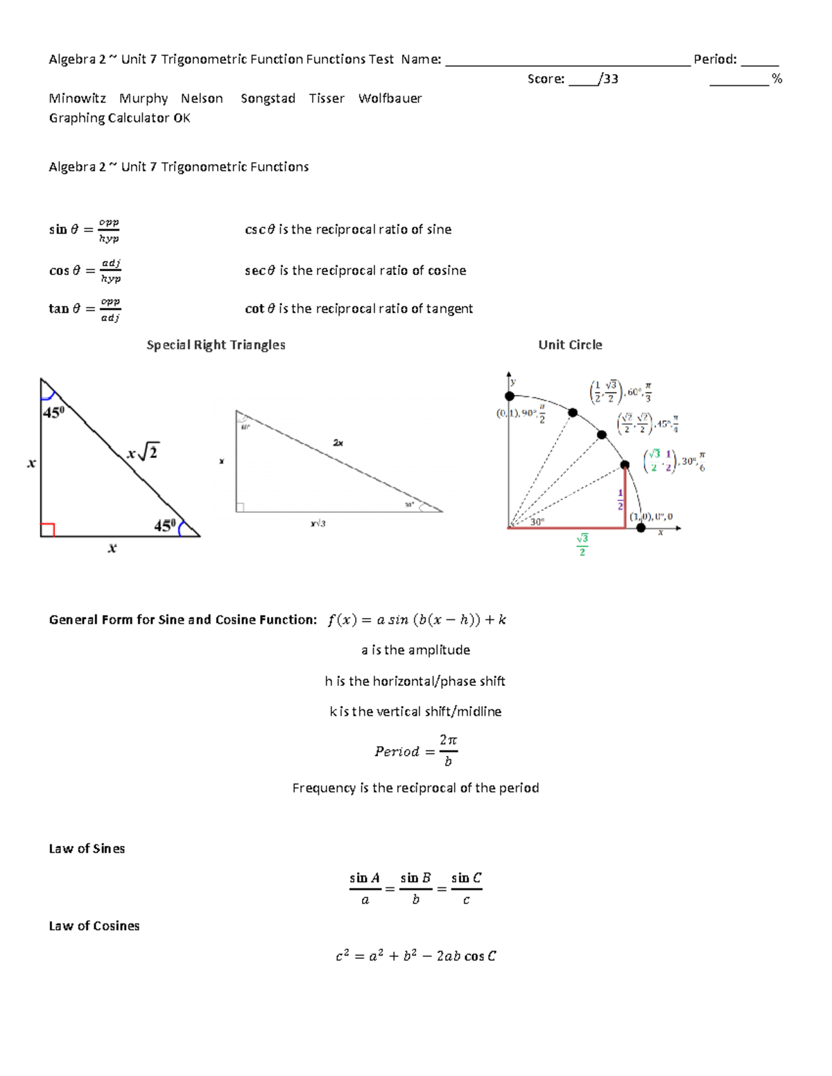 Chapter 7 Formula Sheet - Algebra 2 ~ Unit 7 Trigonometric Function ...