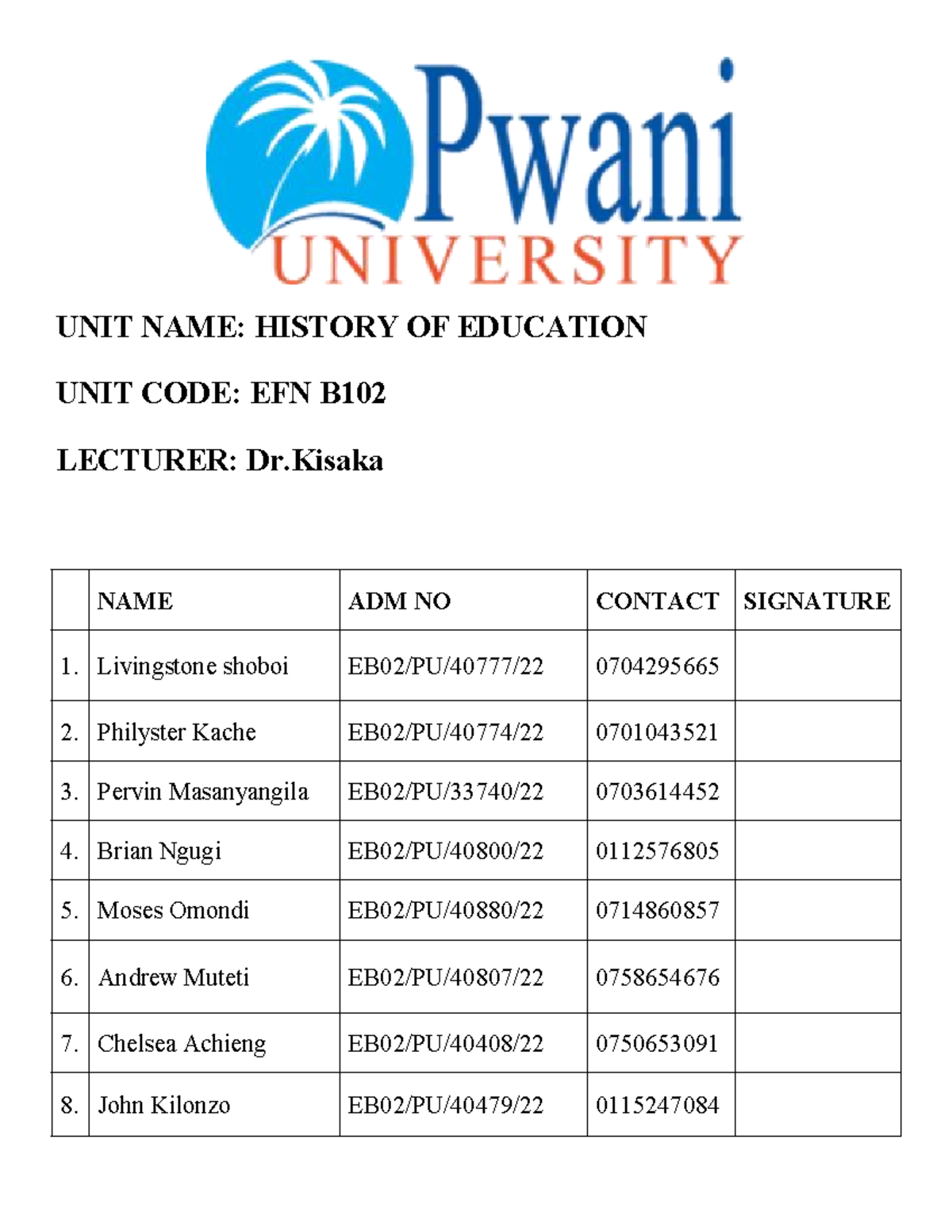History of education Assignment - UNIT NAME: HISTORY OF EDUCATION UNIT CODE: EFN B LECTURER: Dr ...