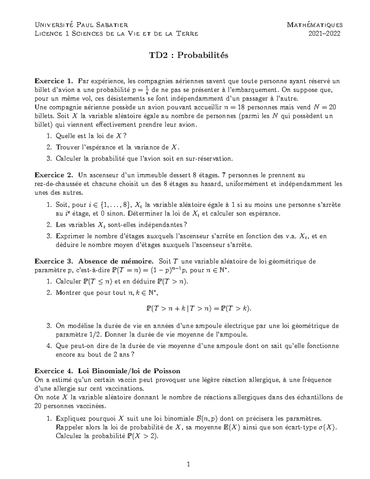 TD2-L1Sd V-proba 2 - Poly TD 2 mathématiques L1SDV - Mathématiques - UPS - Studocu