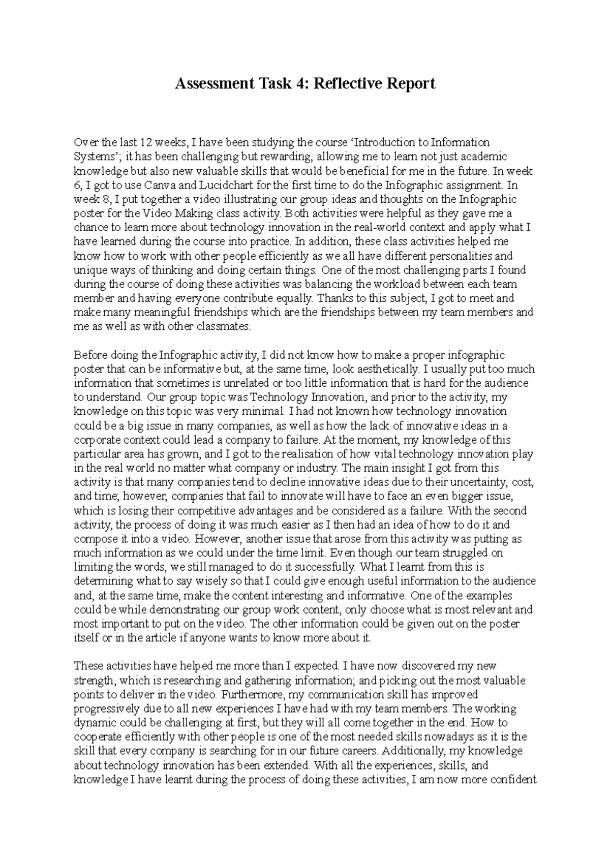 Assignment Essay Assessment Task 4 Reflective Report Assessment Task 4 Reflective Report