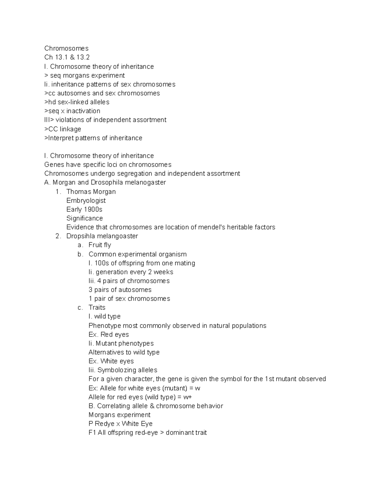 Chromosomes - full notes - Chromosomes Ch 13 & 13. I. Chromosome theory ...