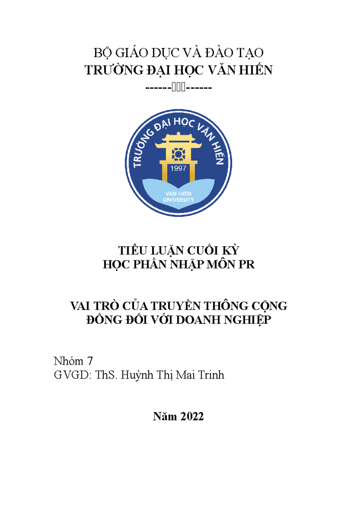 Tiểu Luận NMPR ( nhóm 7 ) - ffef - BỘ GIÁO DỤC VÀ ĐÀO TẠO TRƯỜNG ĐẠI ...