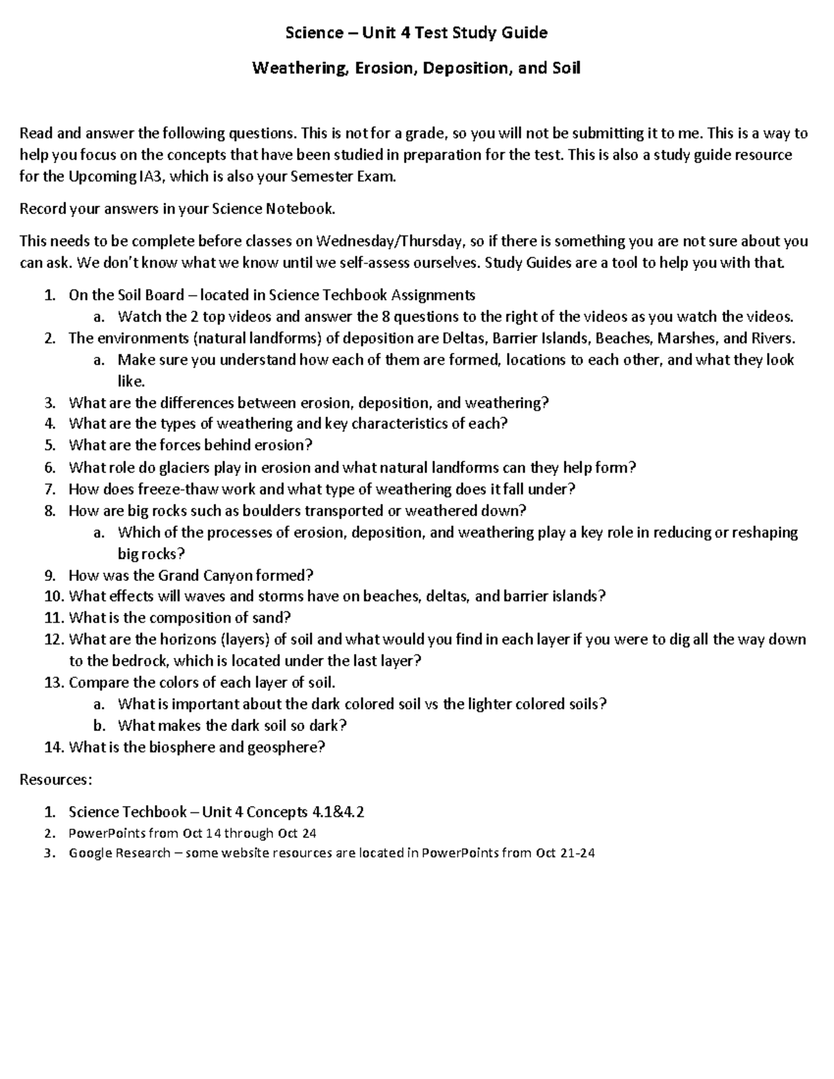 Student - This it - Science – Unit 4 Test Study Guide Weathering ...
