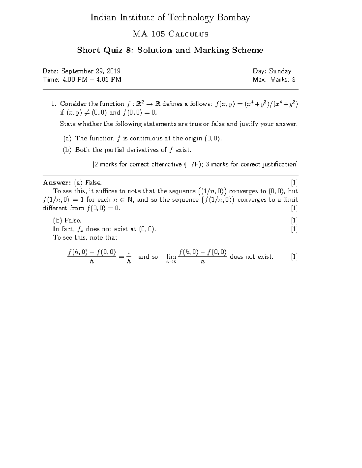 MA105 Short Quiz 8 Paper & Solution - Indian Institute of Technology ...