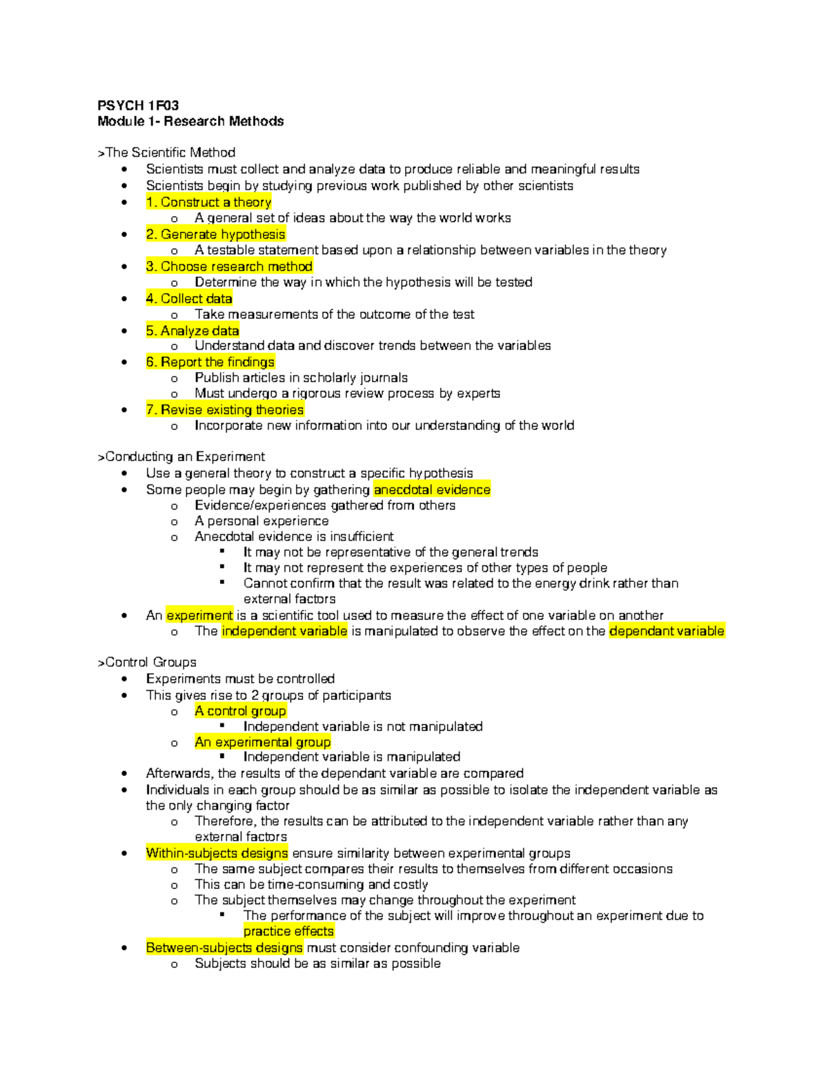 Psych 1X03 review - PSYCH 1F Module 1- Research Methods >The Scientific ...