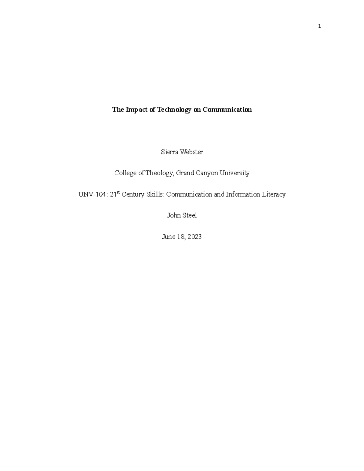 Webster Sierra UNV-104 Expository Essay - The Impact of Technology on ...