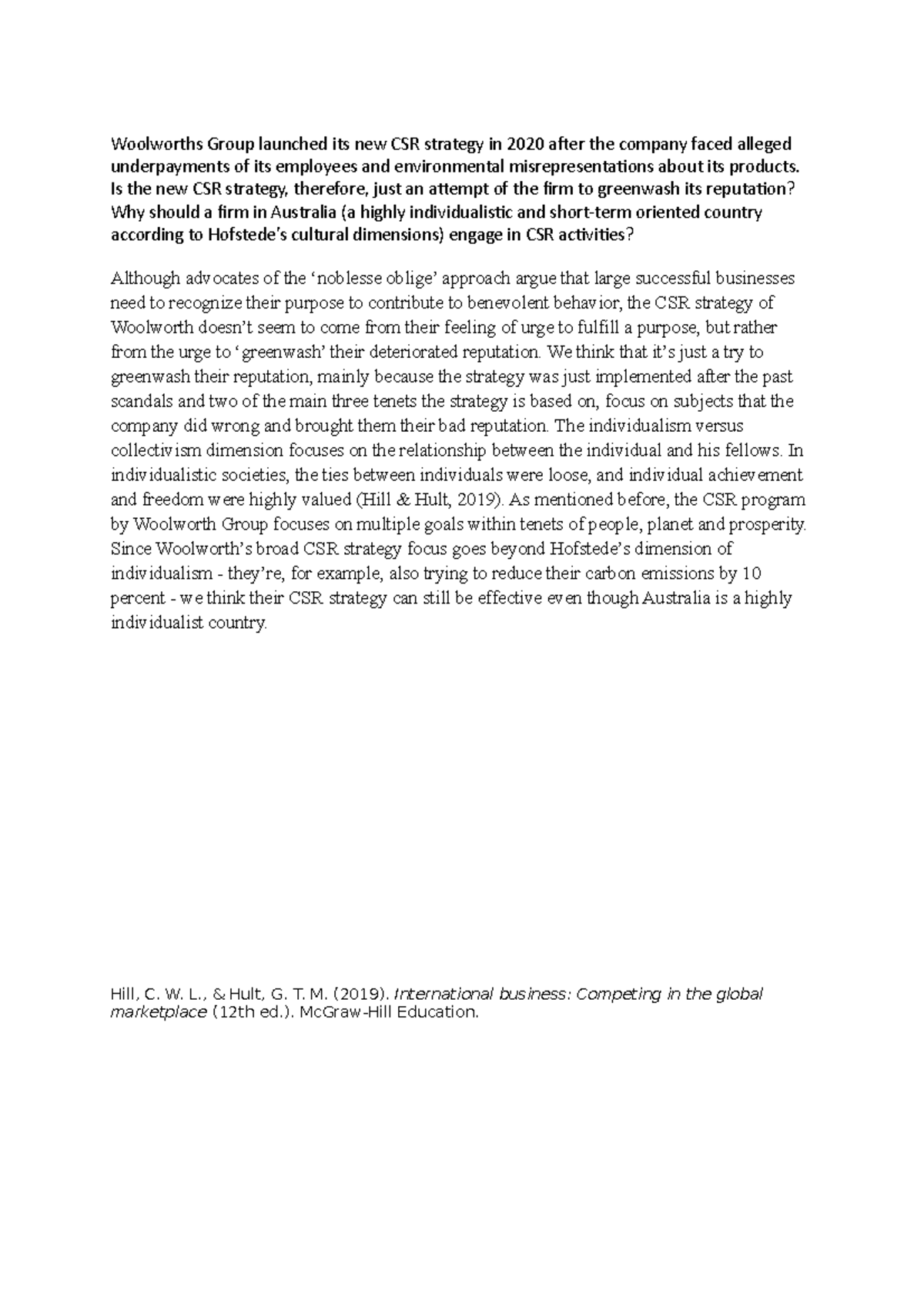 IB Assignment 2 - Woolworths Group launched its new CSR strategy in ...