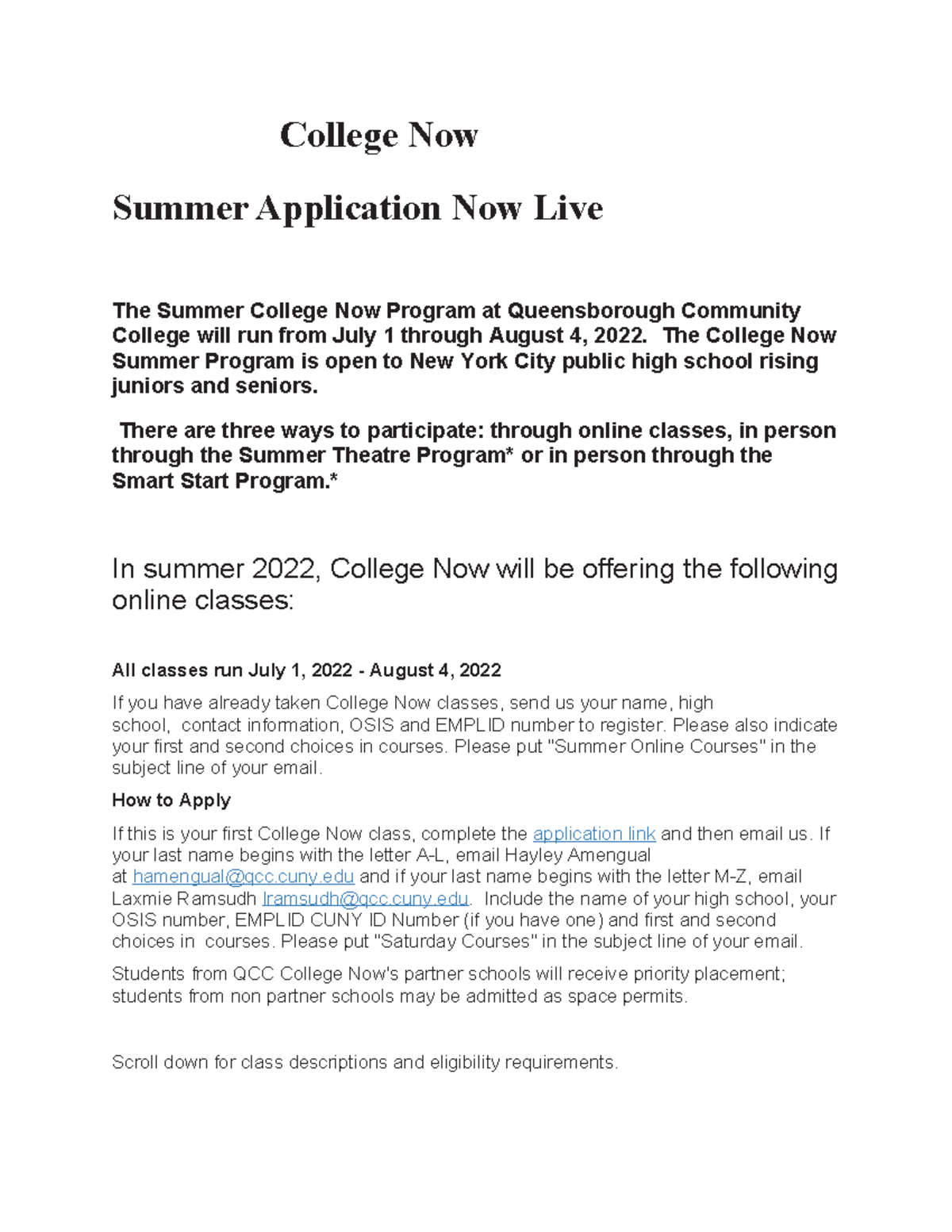 QCC Summer 2022 - Know - College Now Summer Application Now Live The ...