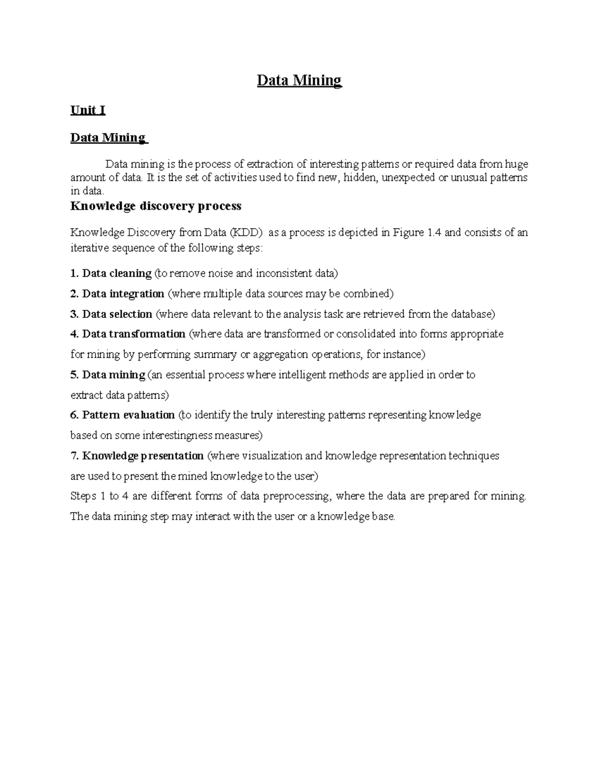 BCA DM UNIT I - Data mining - Data Mining Unit I Data Mining Data mining is the process of - Studocu