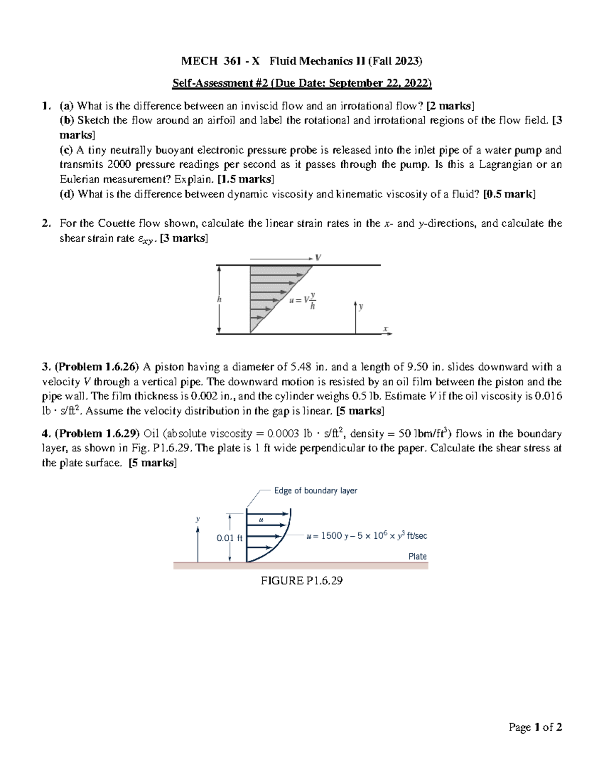 Self-Assessment 2 - Self-Assessment 2 - Page 1 of 2 MECH 361 - X Fluid Mechanics II (Fall 202 3 ...