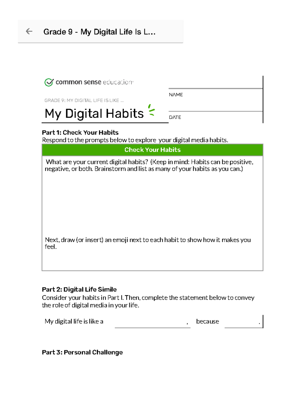 Grade 9 - My Digital Life Is Like... - My Digital Habits Student ...
