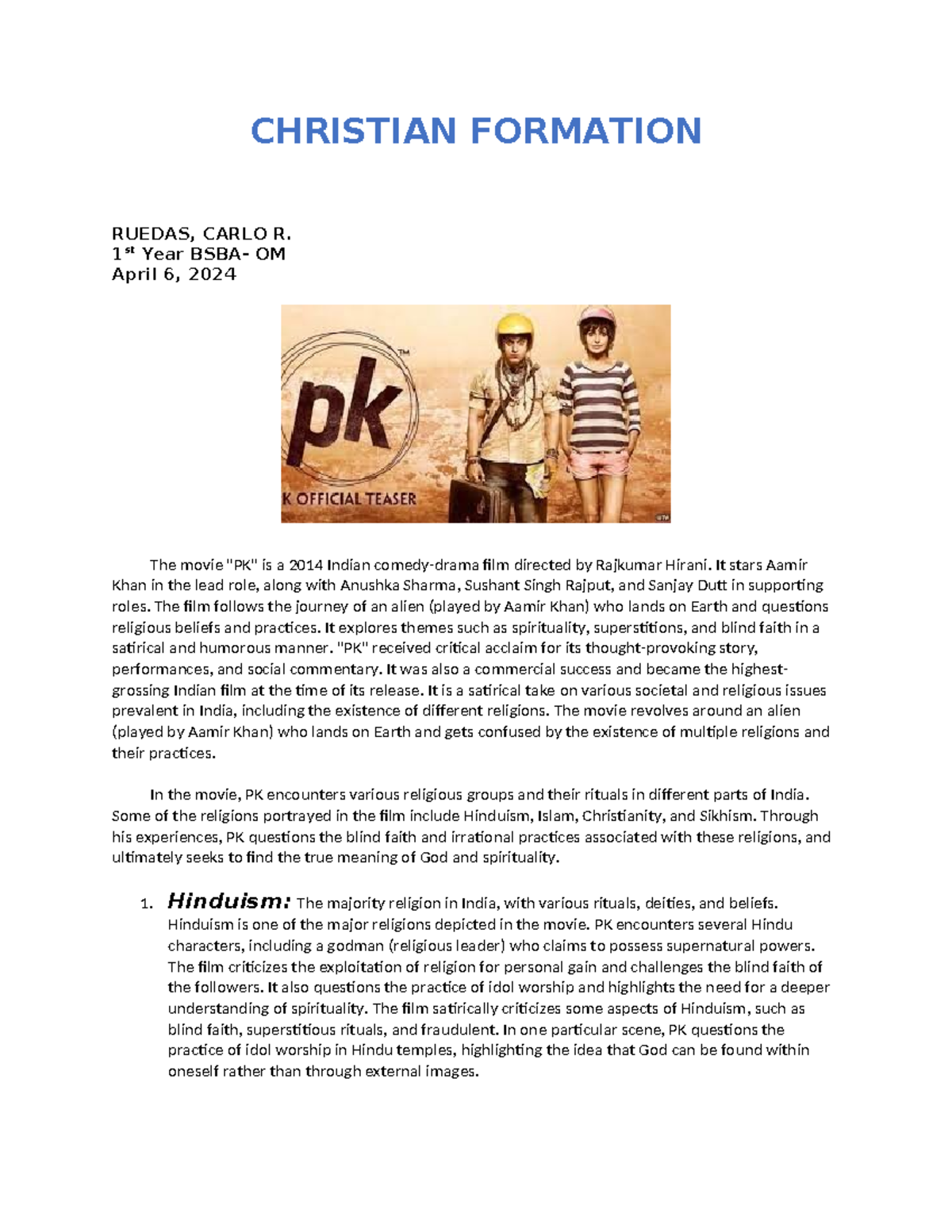 Christian Formation PK - CHRISTIAN FORMATION RUEDAS, CARLO R. 1 st Year ...