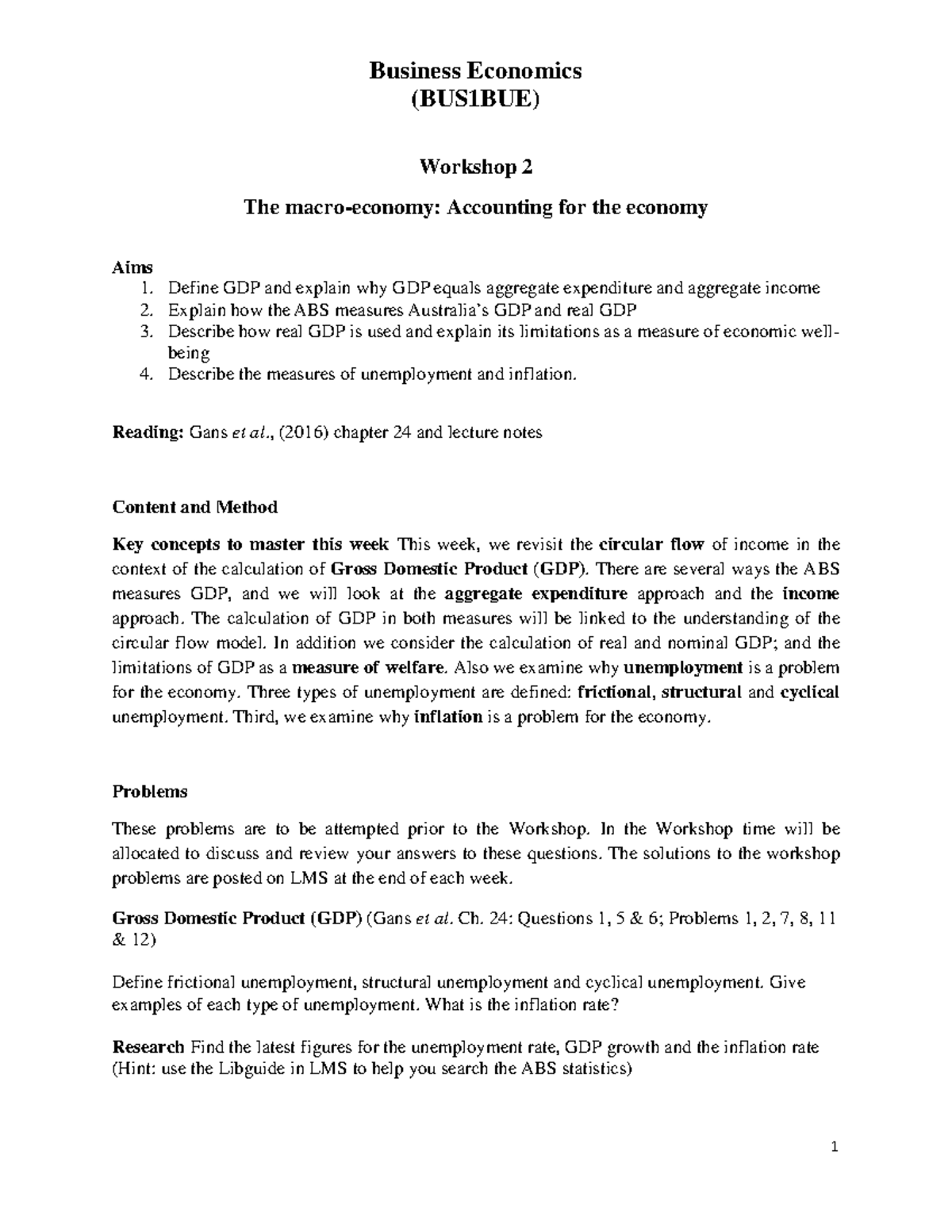 WKSP2 - Week 2 tutorial - Business Economics (BUS1BUE) Workshop 2 The ...
