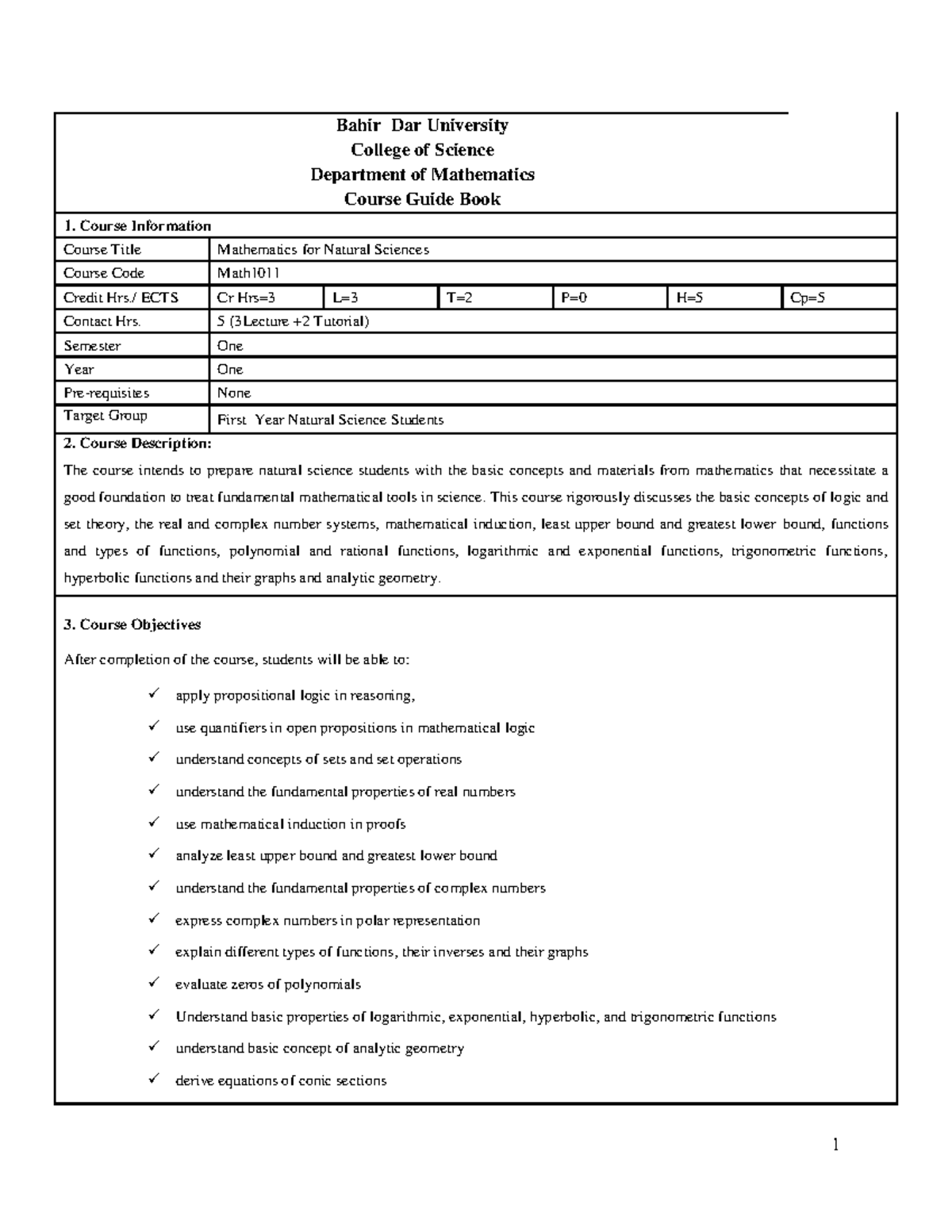 Mathematics for Natural Sciences Guide Book - Bahir Dar University ...