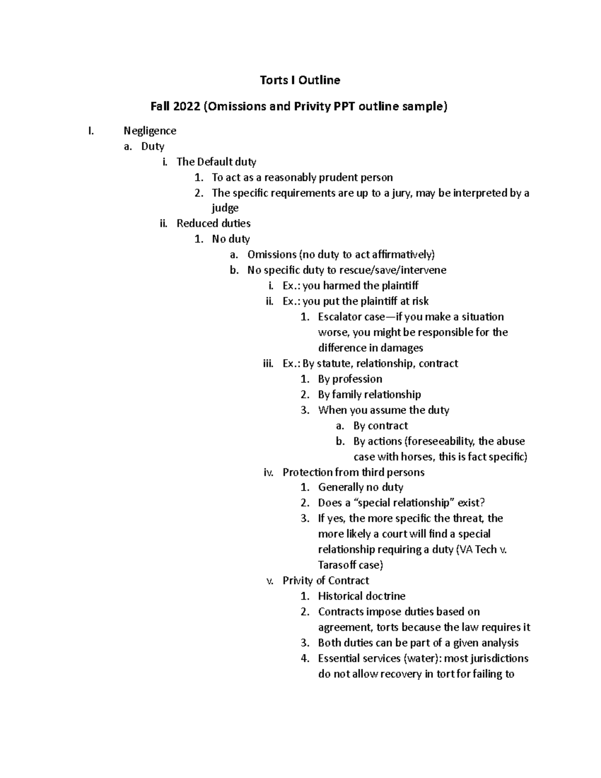 Torts I Outline - Torts I Outline Fall 2022 (Omissions and Privity PPT ...