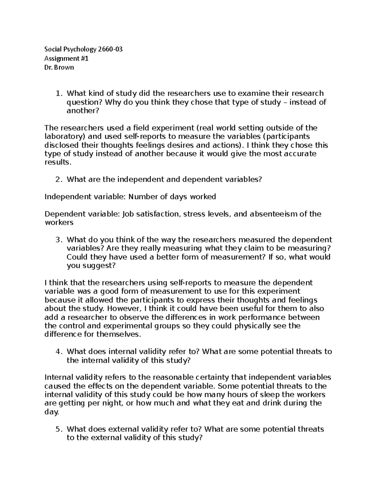 Social psych assign 1 - Social Psychology 2660- Assignment # Dr. Brown ...
