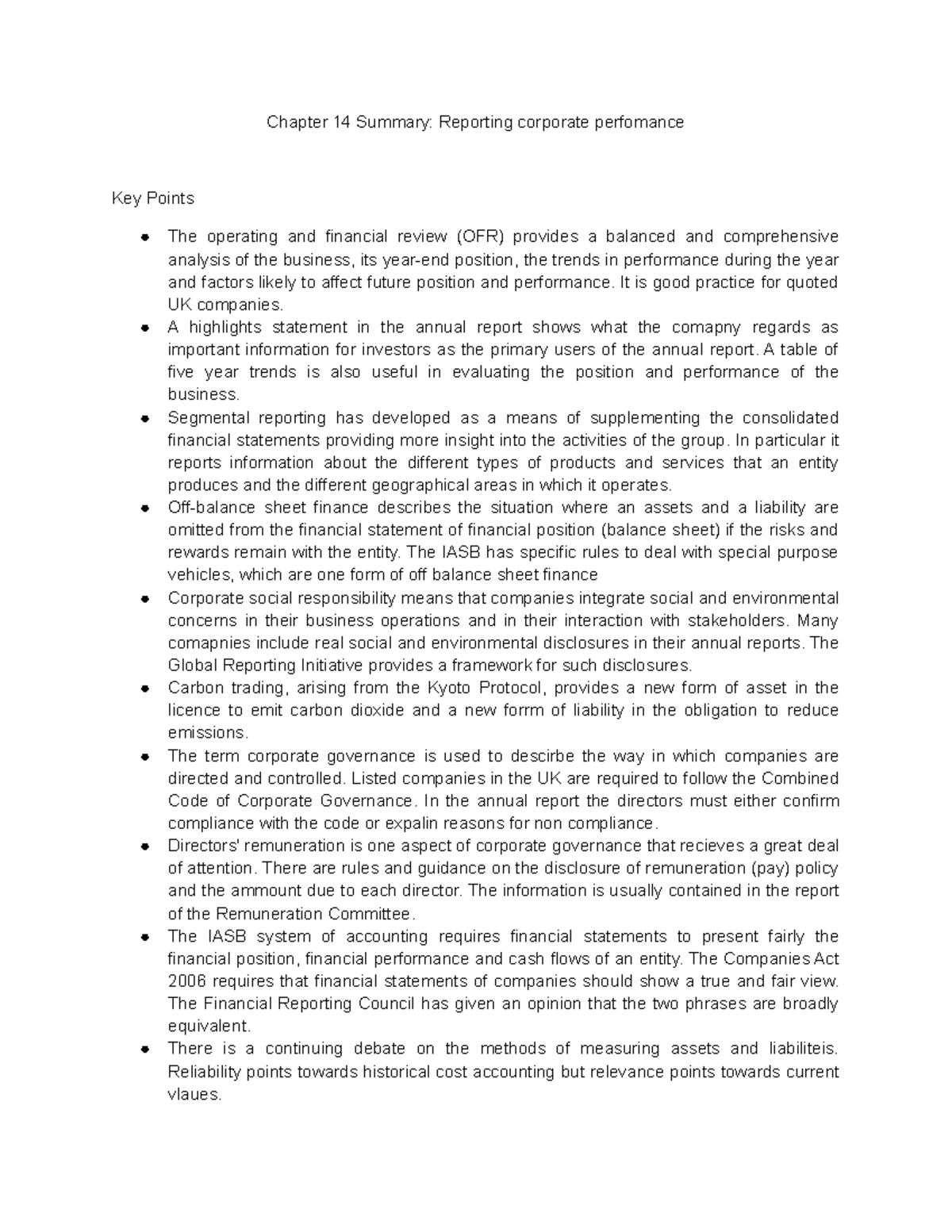 Chapter 14 Summary Reporting corporate performance - Chapter 14 Summary ...