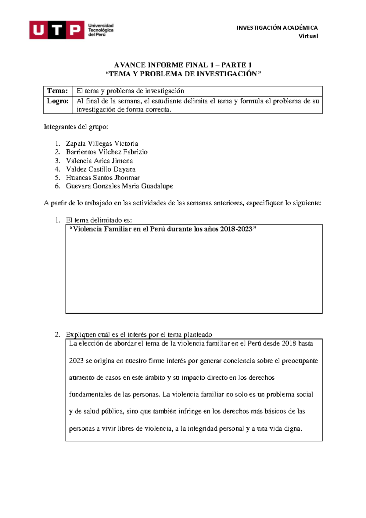 Semana 03-Formato Avance de Informe Final 1 - Parte 1 Tema y problema de investigación ...