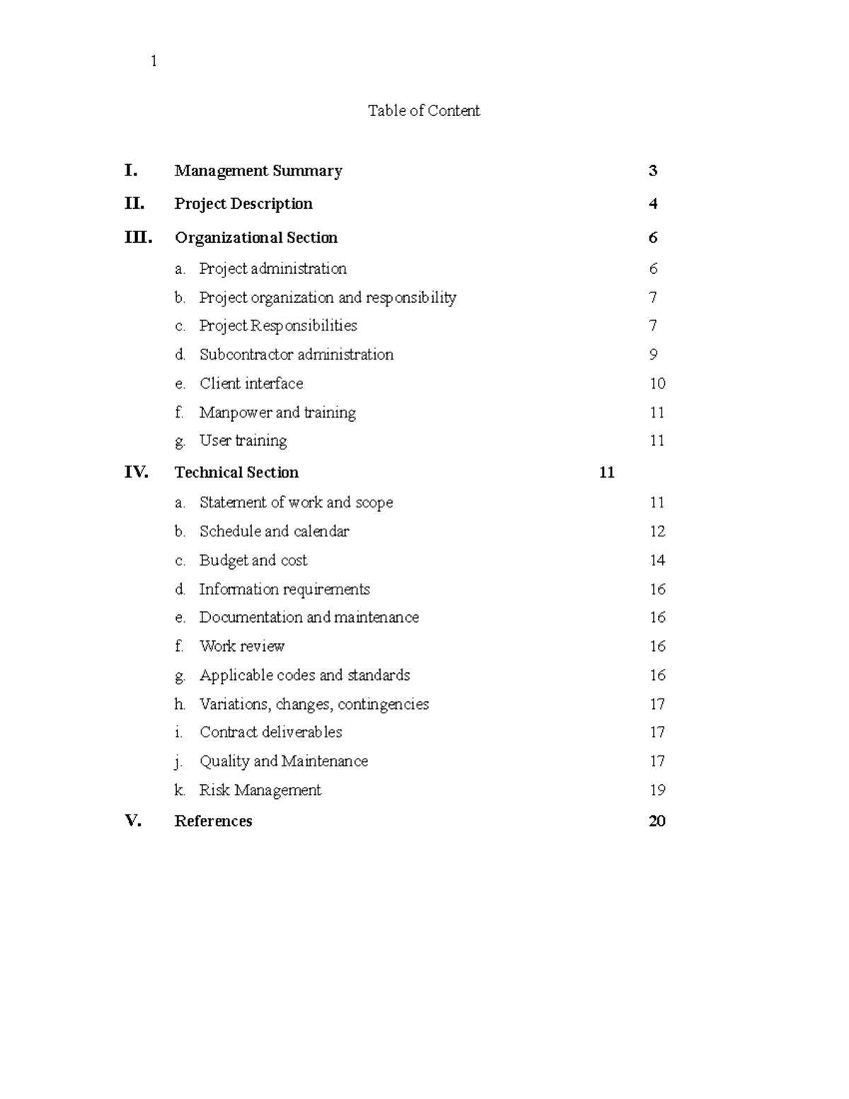 Project- Master Plan - Table of Content I. Management Summary II ...
