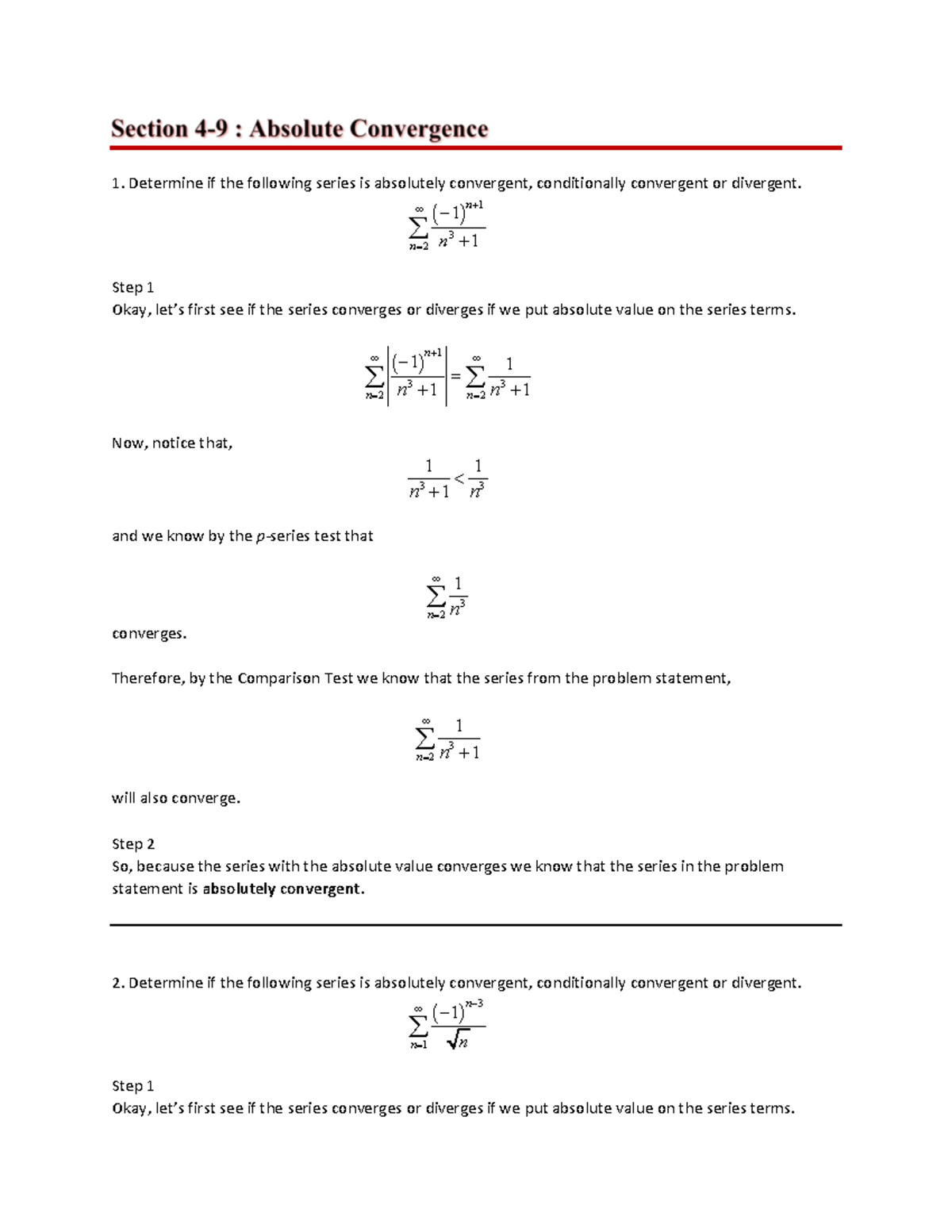 practice problems for absolute convergence - Determine if the following ...