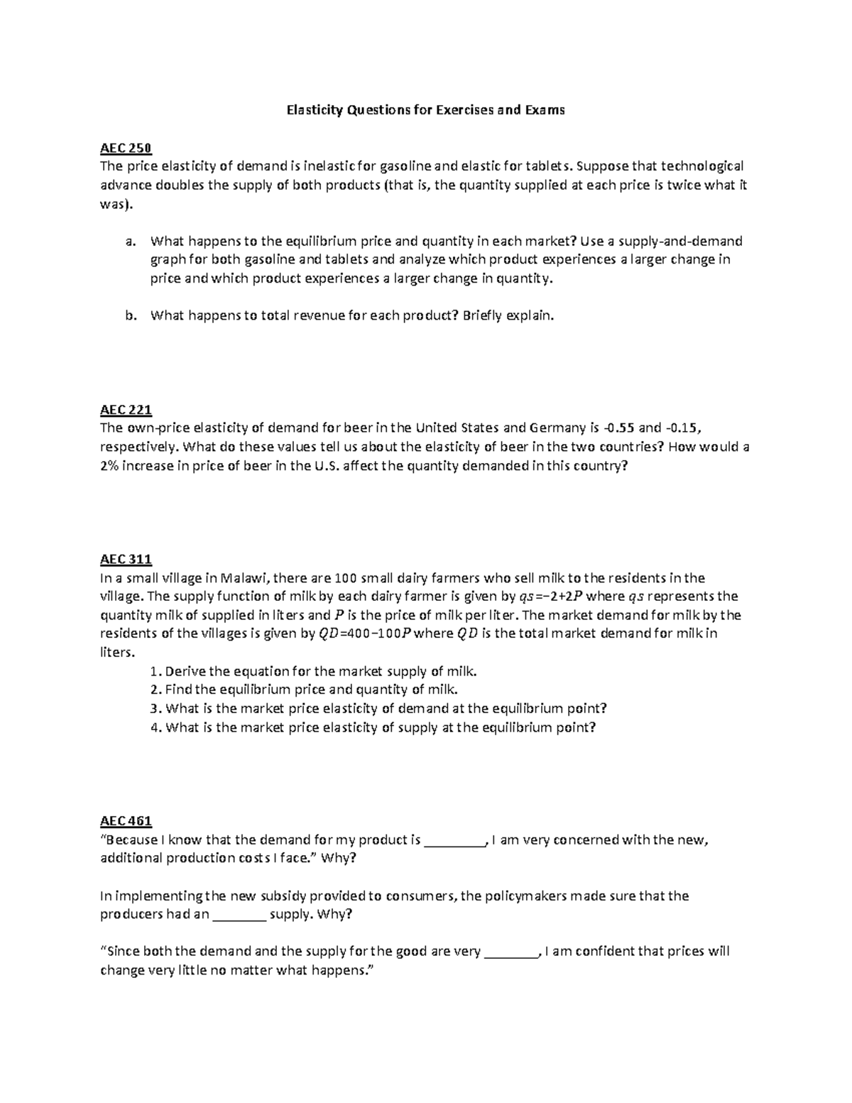Elasticity questions for Practice towards exams - Elasticity Questions ...