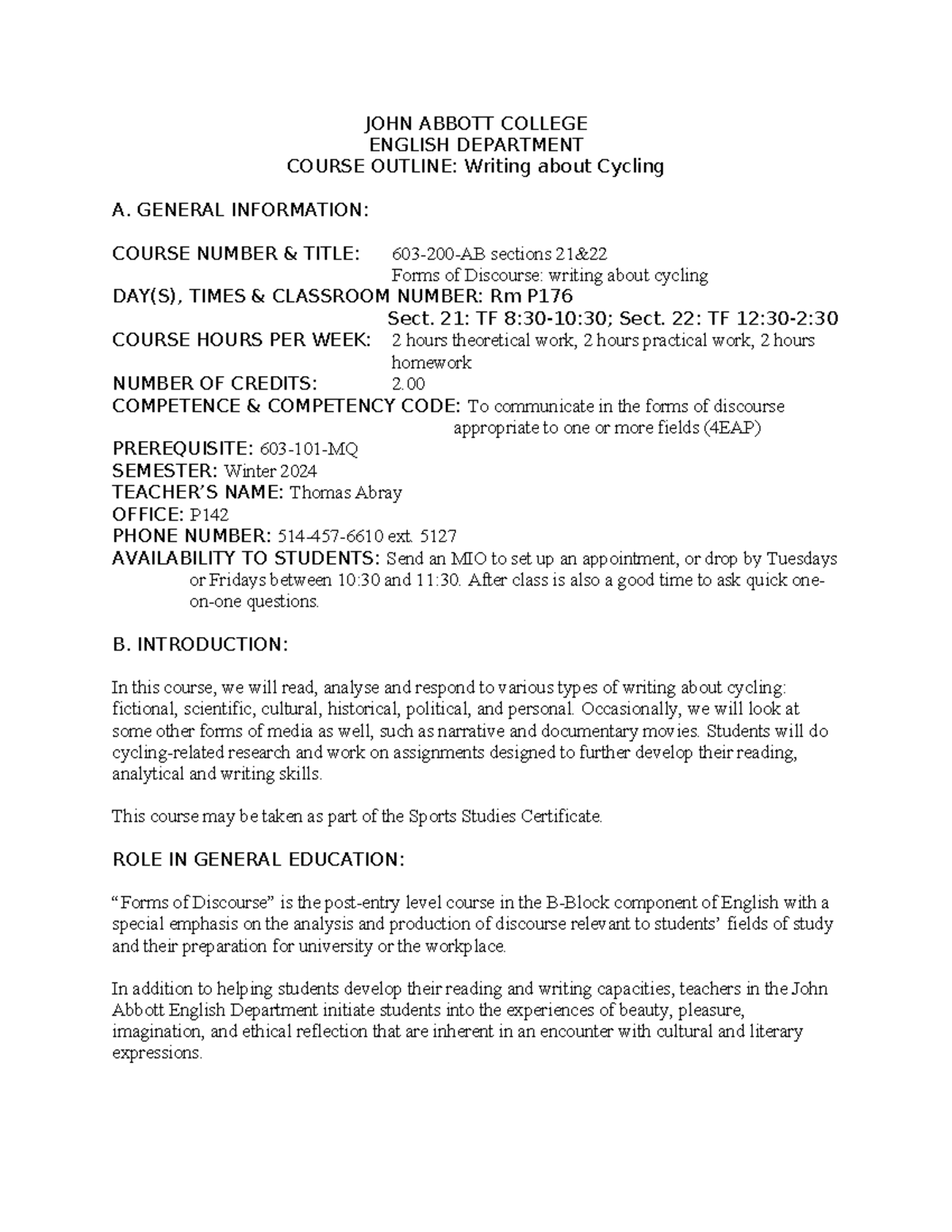 Winter 2024. English - Course Outline - JOHN ABBOTT COLLEGE ENGLISH ...