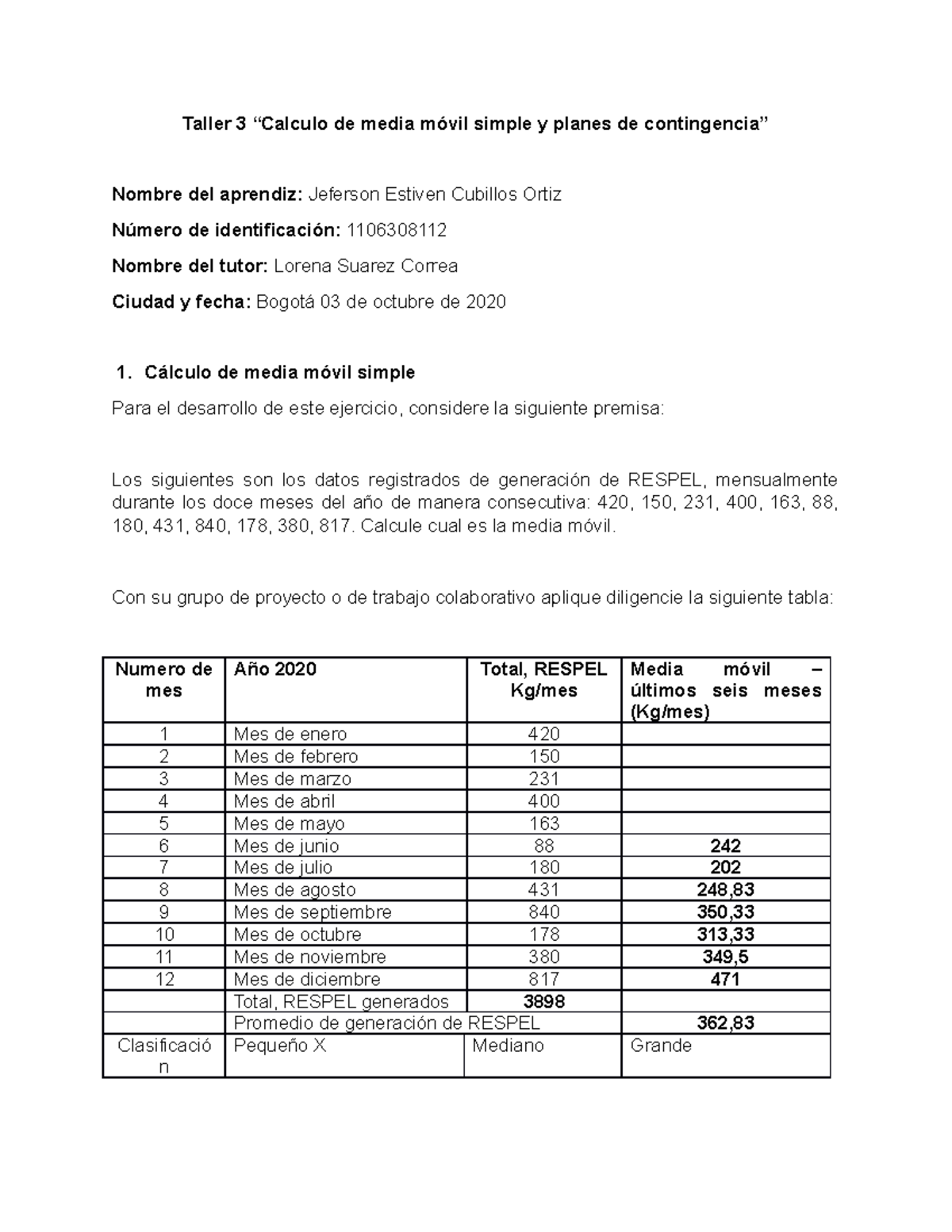 Taller 3 Calculo de la media movil simple y planes de contingencia ...
