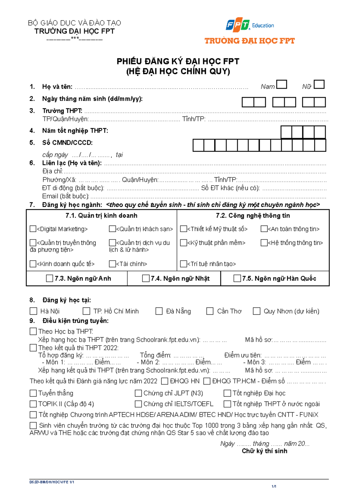 08032022 Phieu dang ky DH FPT - BỘ GIÁO DỤC VÀ ĐÀO TẠO TRƯỜNG ĐẠI HỌC ...