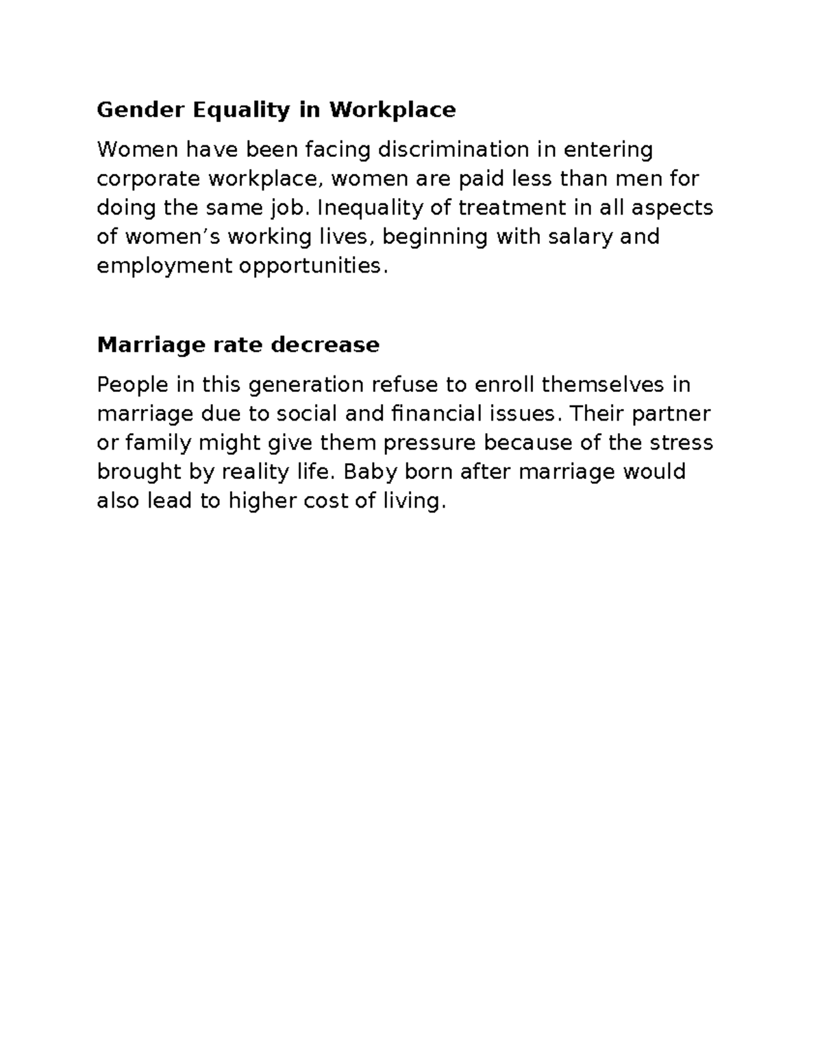 Social issues-English summary - Gender Equality in Workplace Women have ...