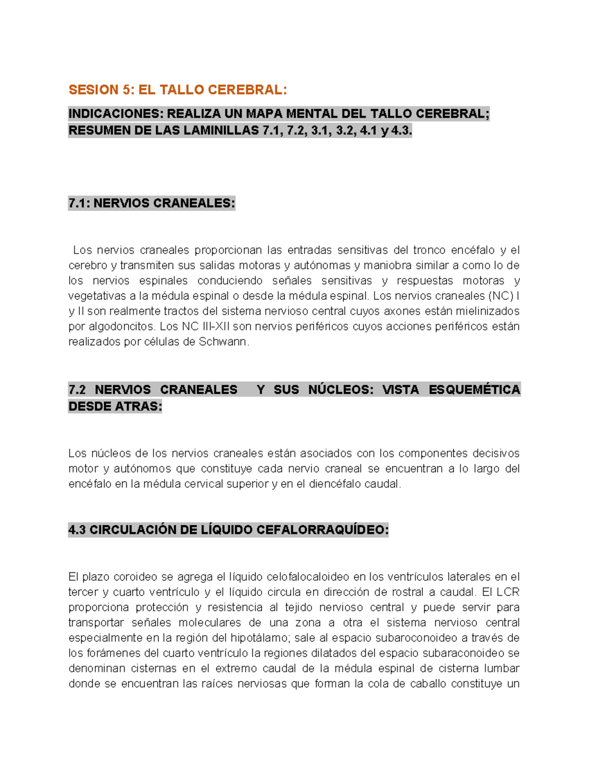 Sesion 5 DE Neuro - SESION 5: EL TALLO CEREBRAL: INDICACIONES: REALIZA ...