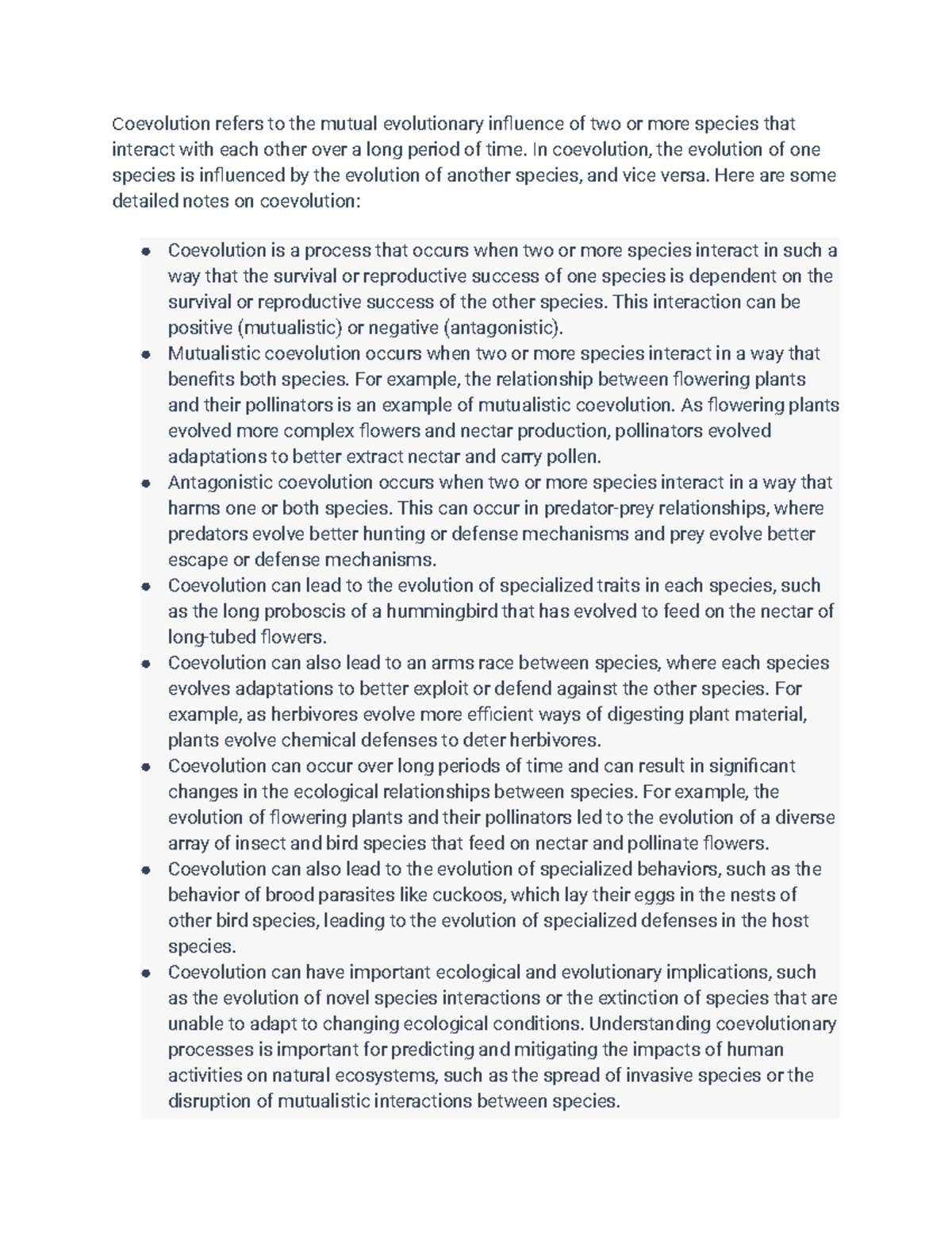 Coevolution Notes - Coevolution refers to the mutual evolutionary ...