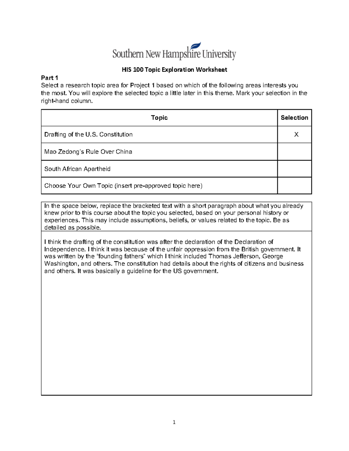 HIS 100 Topic Exploration Worksheet - 1 HIS 100 Topic Exploration ...