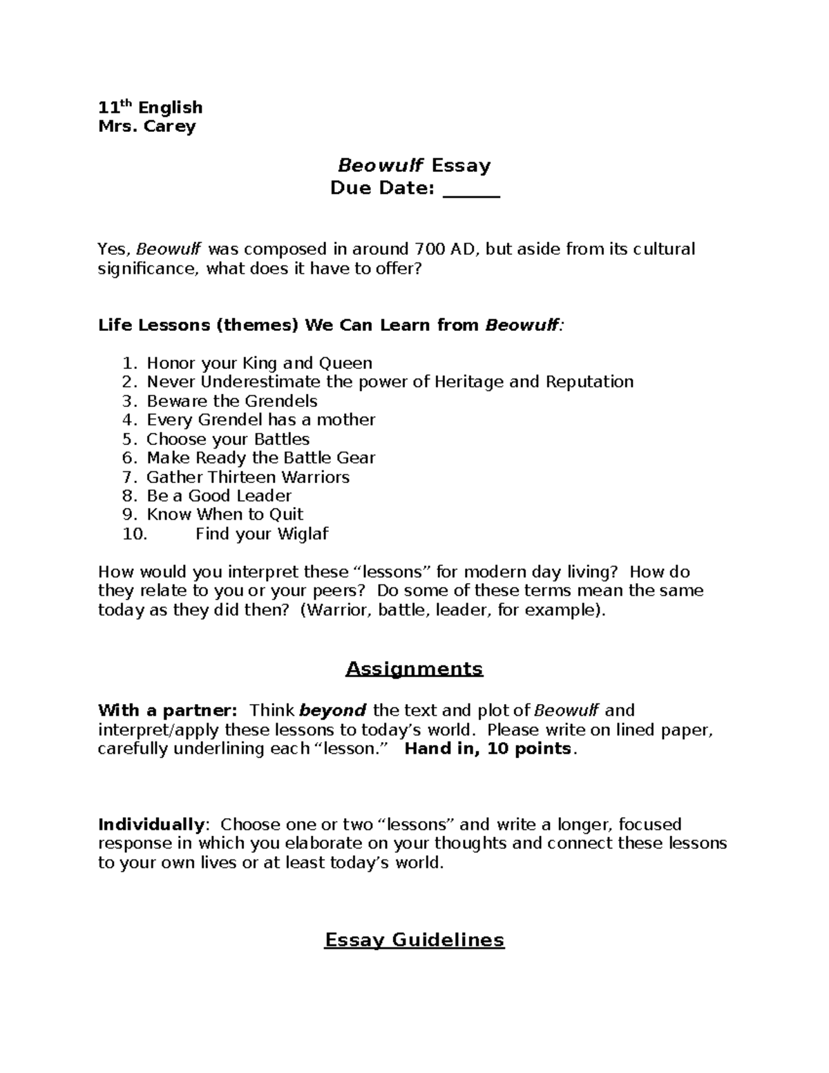 Life Lessons We Can Learnfrom Beowulf 1 - 11 th English Mrs. Carey ...