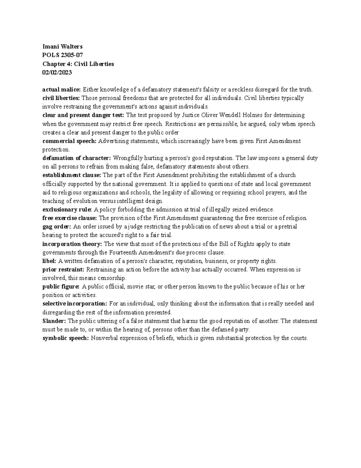 Chapter 4 key terms POLS 2305 - Imani Walters POLS 2305- Chapter 4 ...